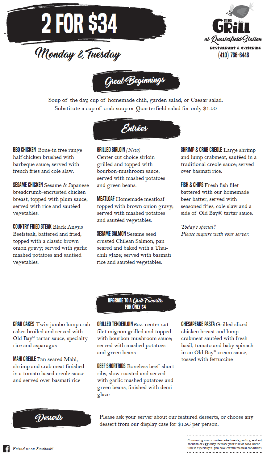 2 for $34 – The Grill at Quarterfield Station